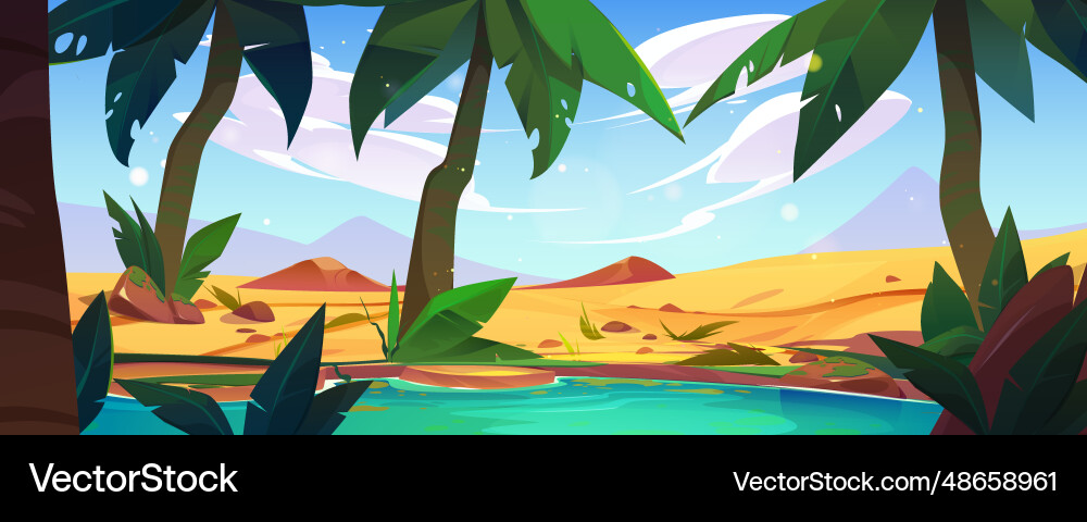 Swamp and palm tree in egypt desert oasis backdrop