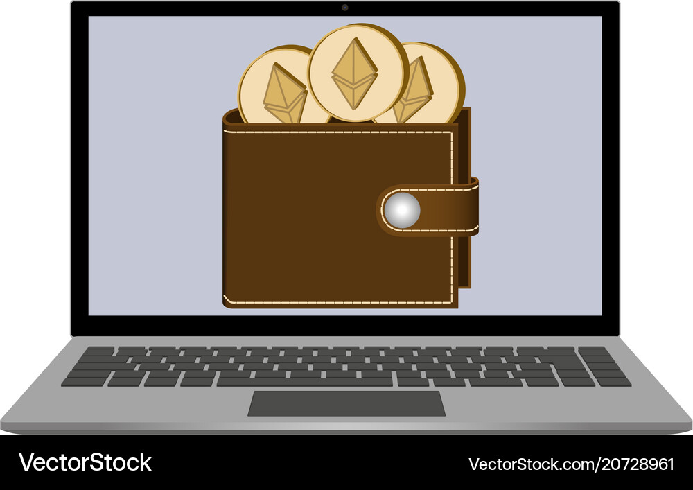 Wallet with ethereum coins on a laptop screen Vector Image
