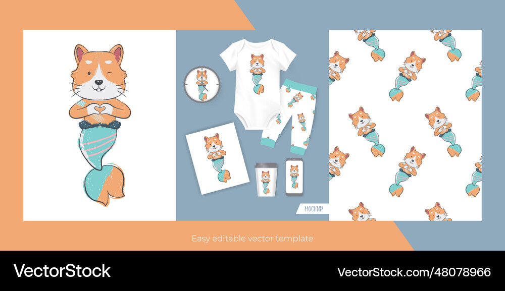 Cute cat with mermaid custom for merch Royalty Free Vector