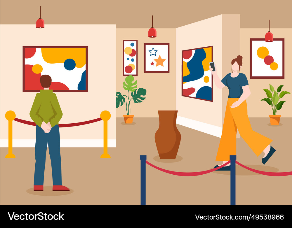 Exhibition visitors viewing a gallery with modern Vector Image