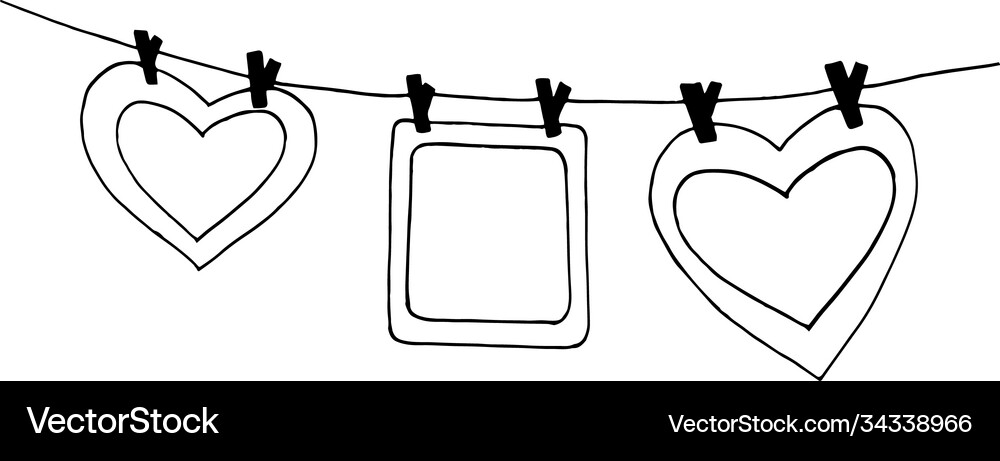 Heart and frame hang on clothespins on a thread Vector Image