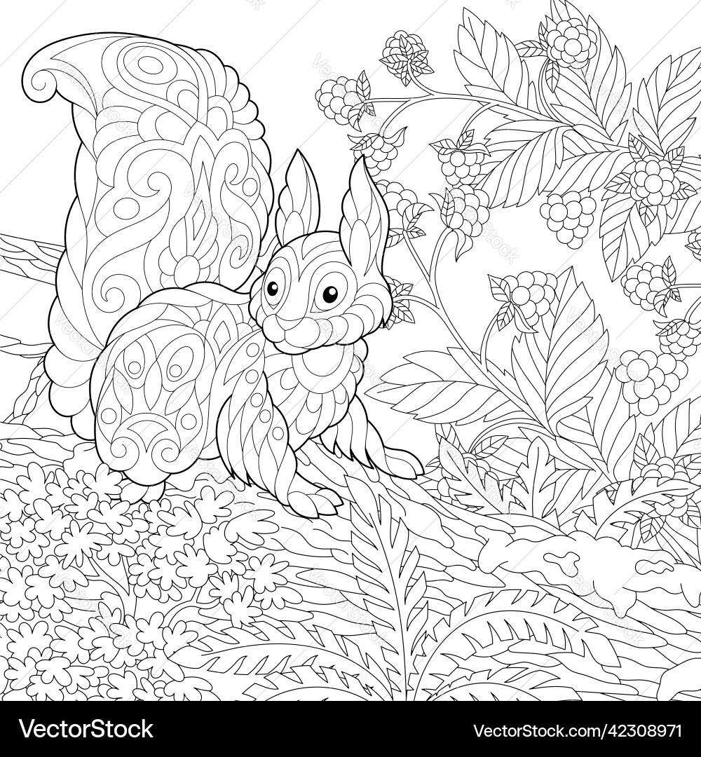Coloring page with cute squirrel in the forest Vector Image