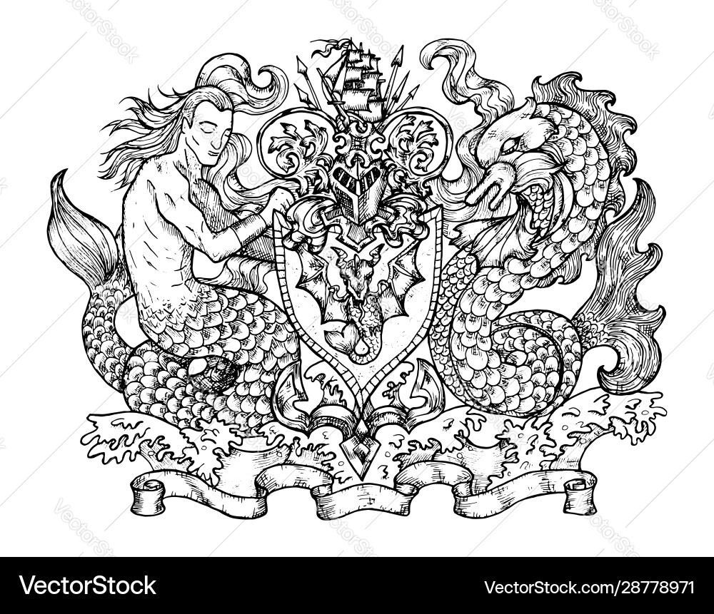 Heraldic emblem with mermaid and monster fish Vector Image