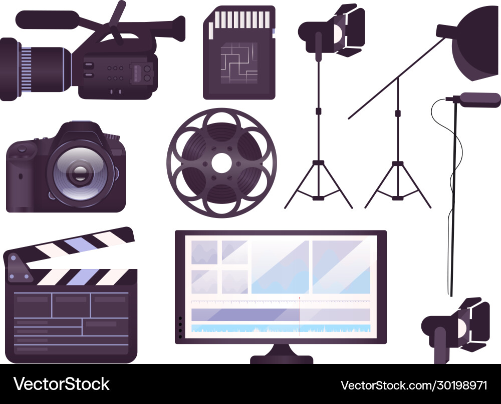 Video production equipment flat concept icons set Vector Image