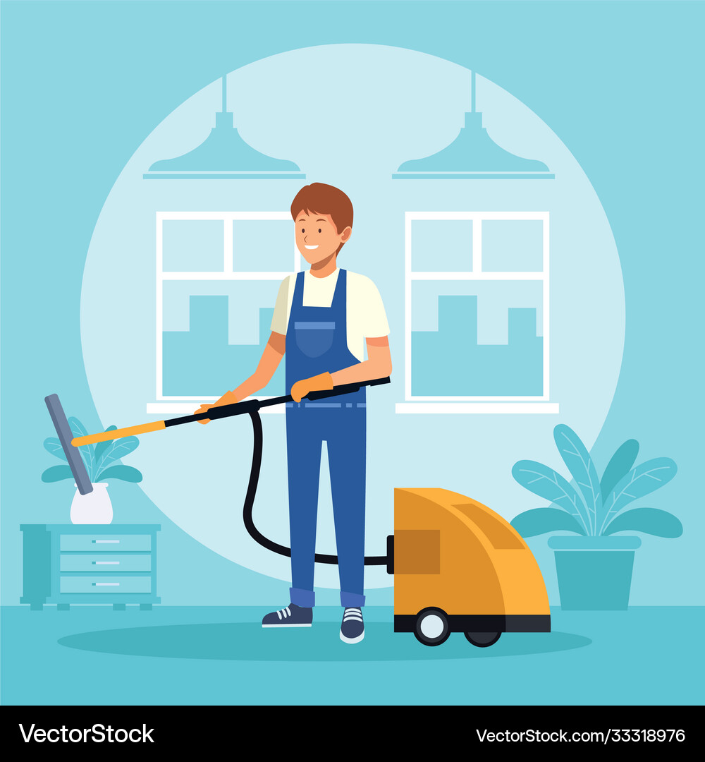 Housekeeping male worker with vacuum cleaner Vector Image