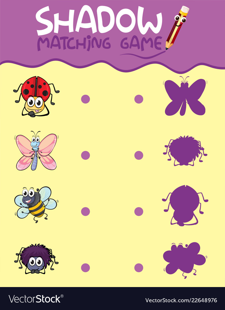 Insect shadow matching game template Royalty Free Vector