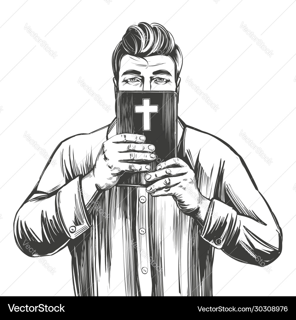 Man protects his face with bible salvation Vector Image