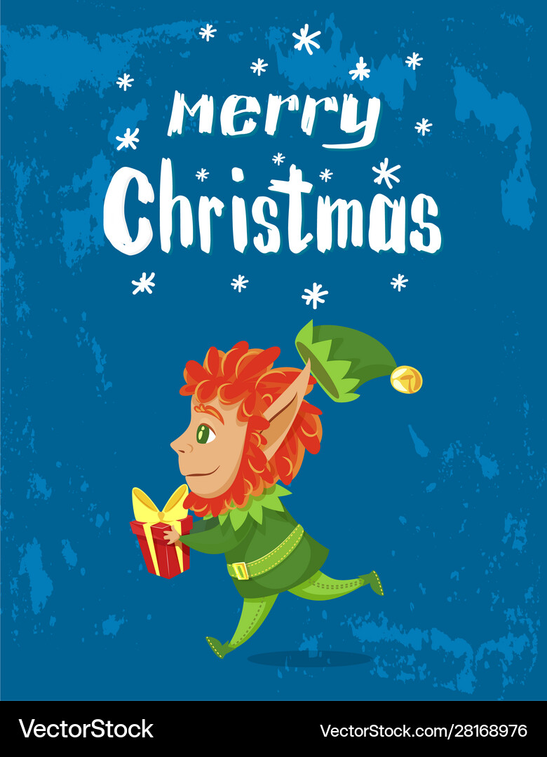 Merry christmas elf with gift greet holiday Vector Image