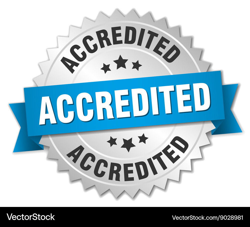 Accredited 3d silver badge with blue ribbon Vector Image