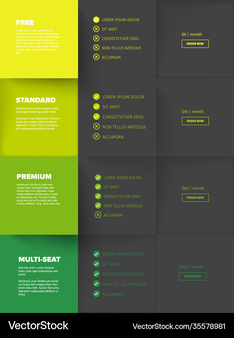Products versions feature and price list table Vector Image