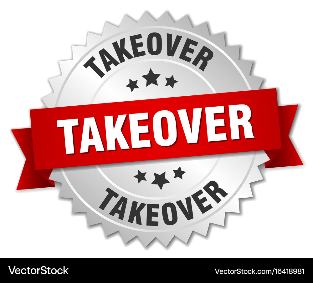 Takeover 3d silver badge with red ribbon Vector Image