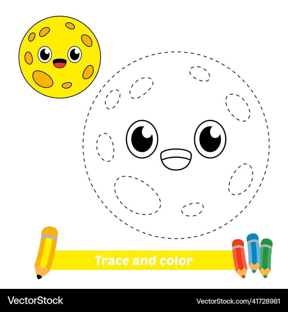 Trace and color for kids moon Royalty Free Vector Image