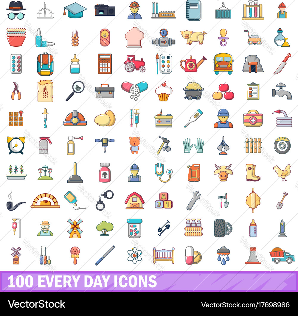 100 every day icons set cartoon style Royalty Free Vector