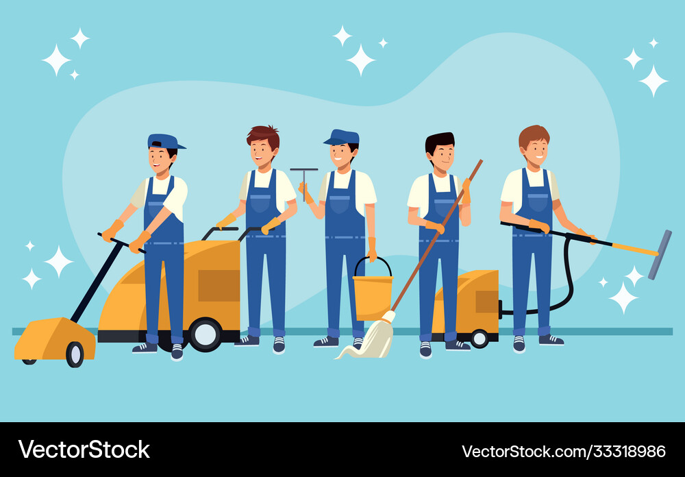 Housekeeping male team workers with equipment Vector Image