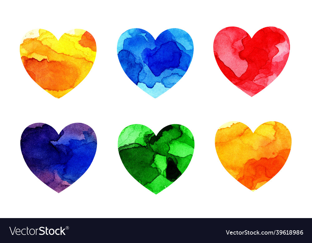 Watercolor of a multicolored set of hearts Vector Image