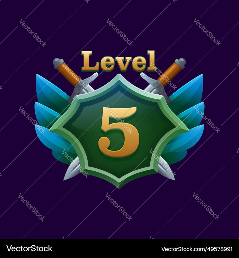 Game 5 level badge on shield with swords for gui Vector Image