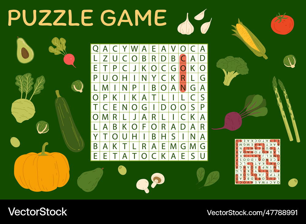 Word search puzzle game harvest raw vegetables Vector Image