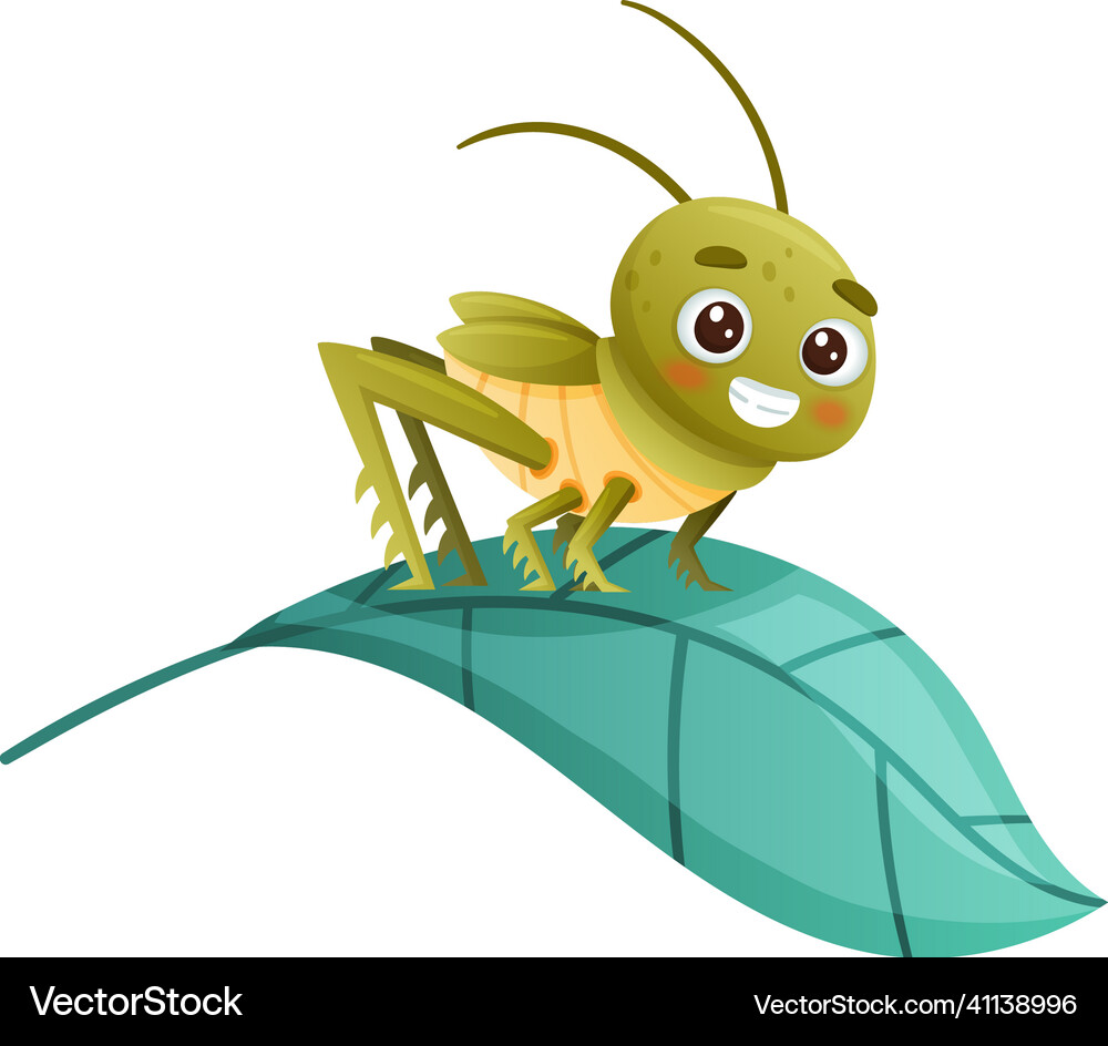 Cute smiling green grasshopper aitting on green Vector Image