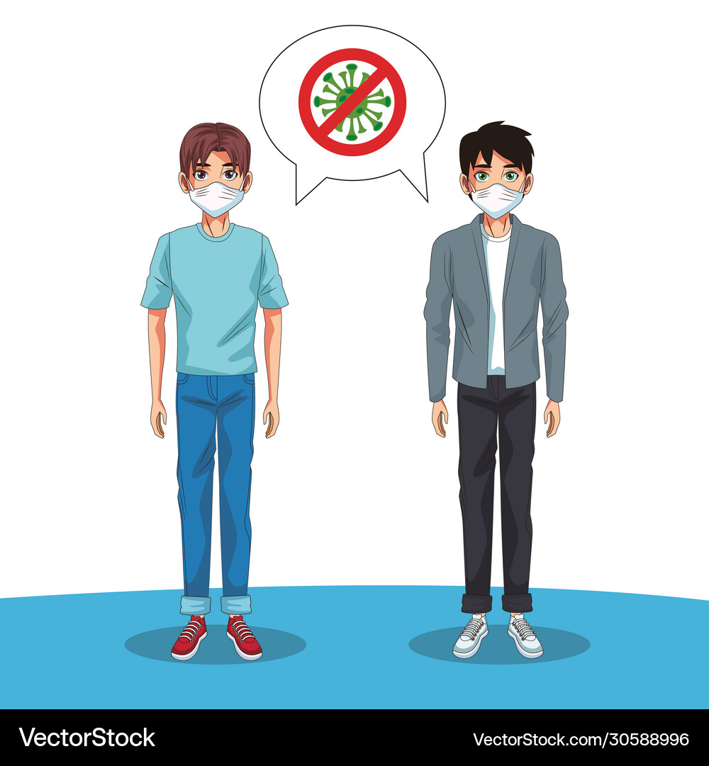 Men using face masks and stop covid19 signal Vector Image