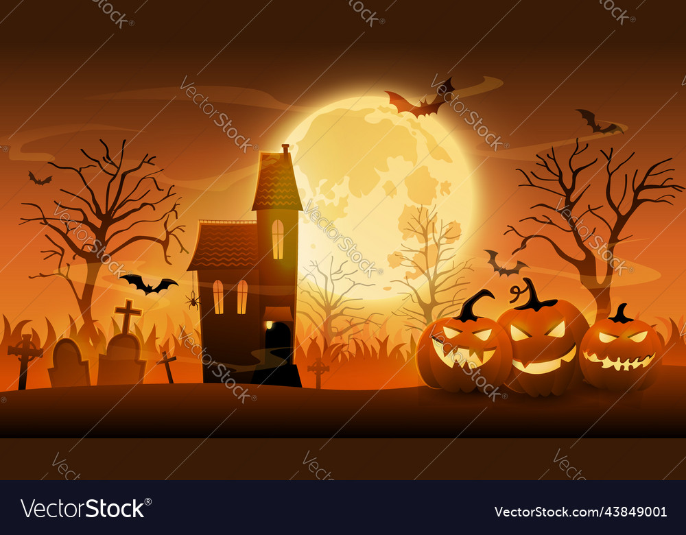 Dark graveyard with creepy pumpkins and haunted Vector Image