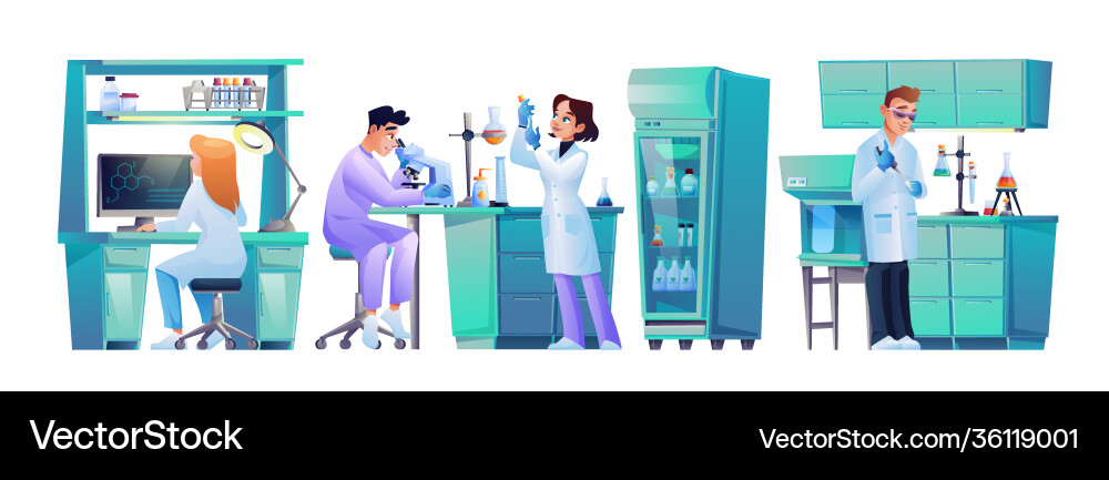 Laboratory assistants at workplaces scientist set Vector Image