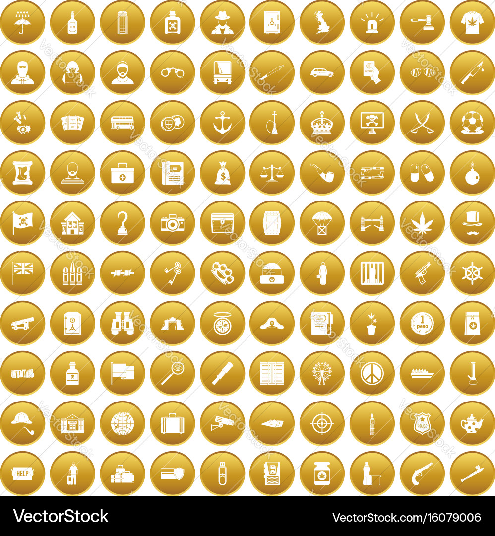 100 offence icons set gold Royalty Free Vector Image