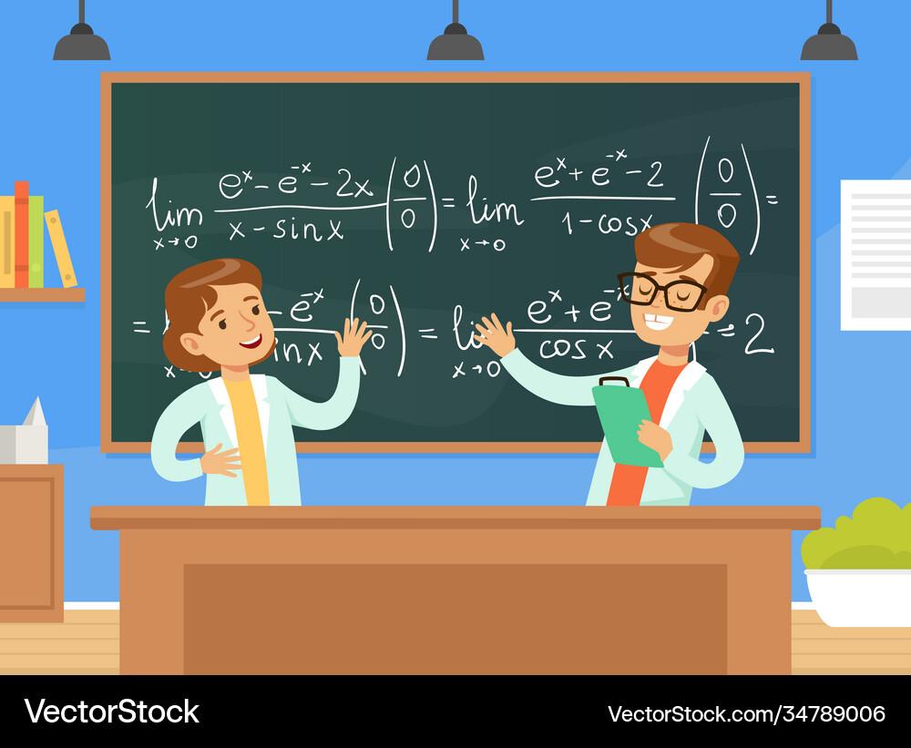 Boy and girl mathematicians characters writing Vector Image