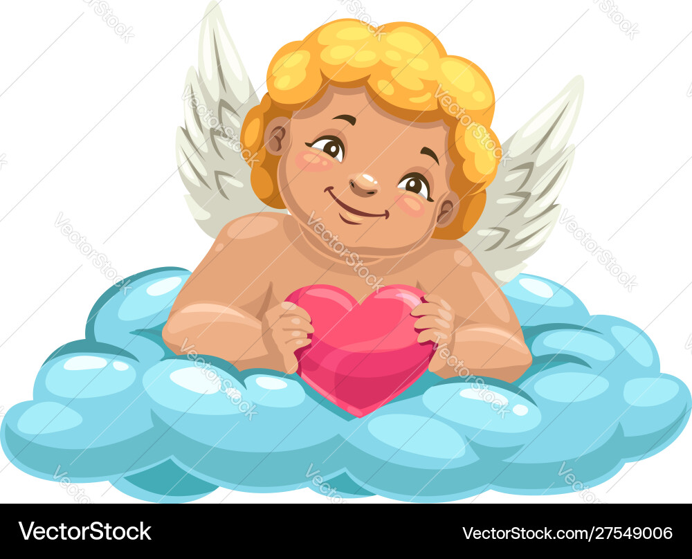 Smiling cupid winged boy on cloud heart Royalty Free Vector