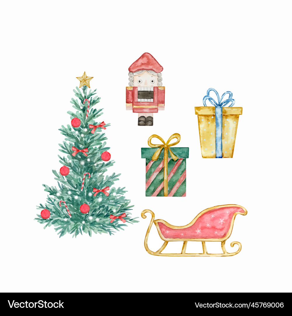 Watercolor nutcracker christmas tree sleigh Vector Image