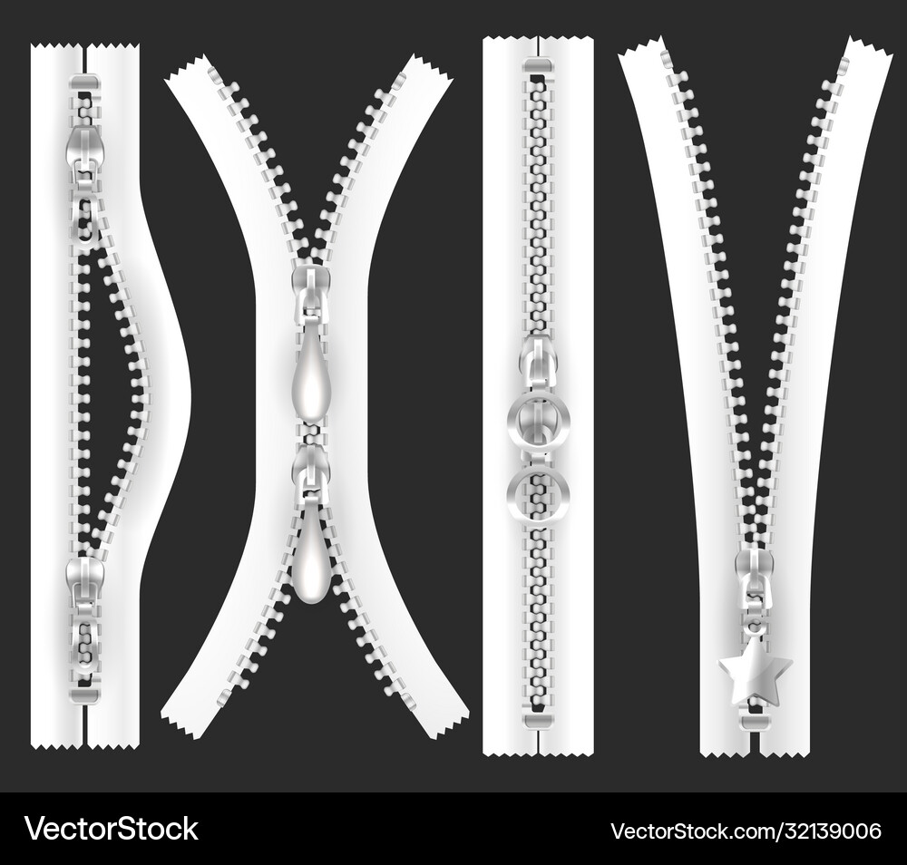 White zipper with metallic silver teeth and hasp Vector Image