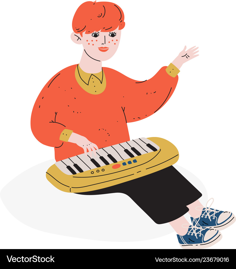 Boy playing toy synthesizer hobeducation Vector Image