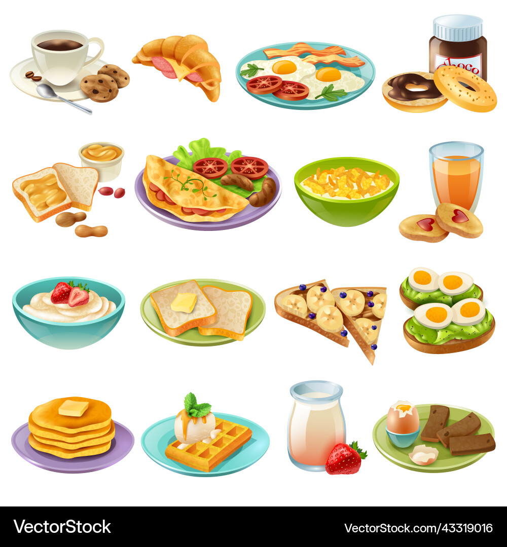Breakfast brunch menu food icons set Royalty Free Vector