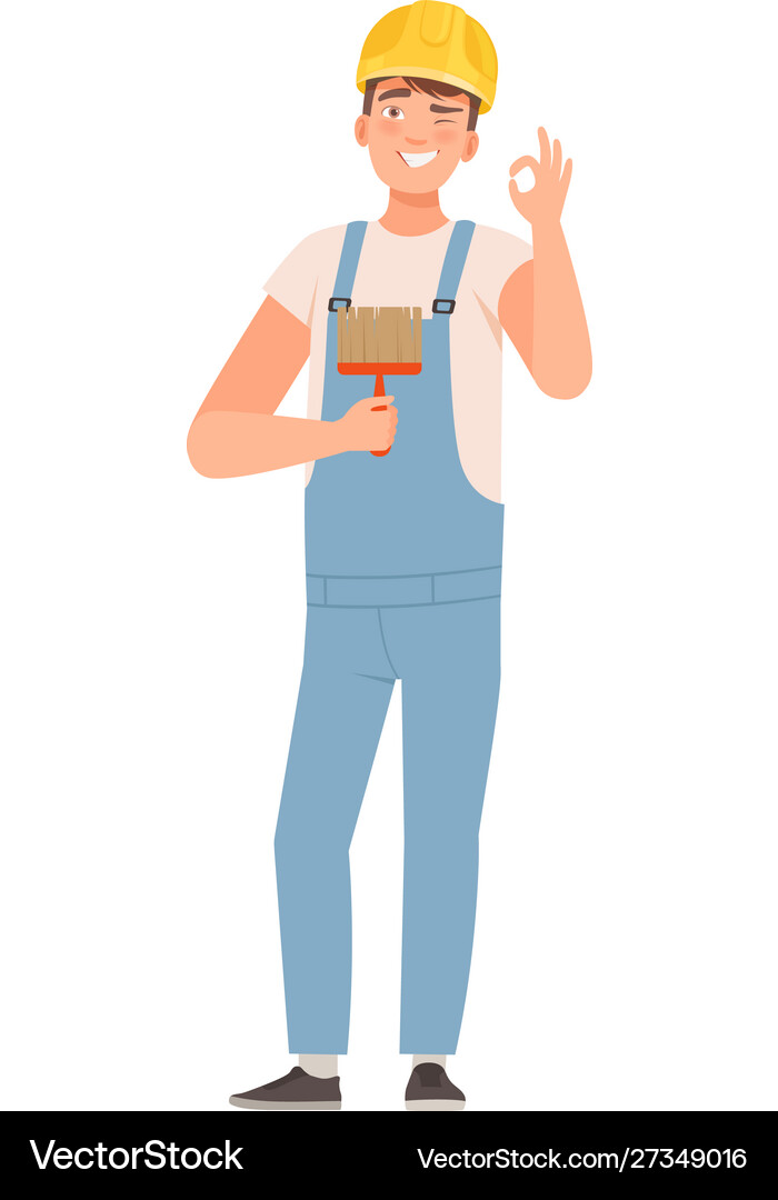 Male builder winks and shows ok with his hand Vector Image