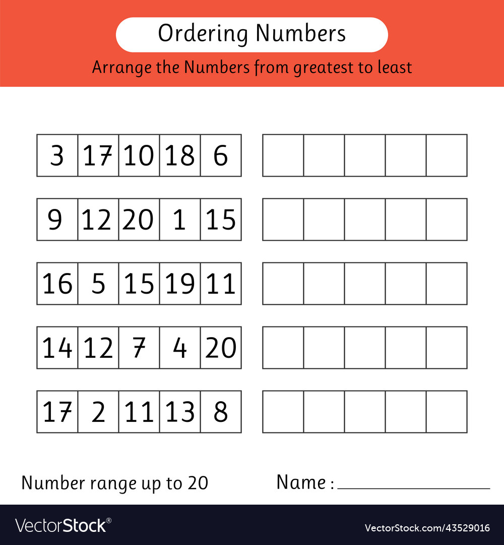 Ordering numbers worksheet arrange Royalty Free Vector Image
