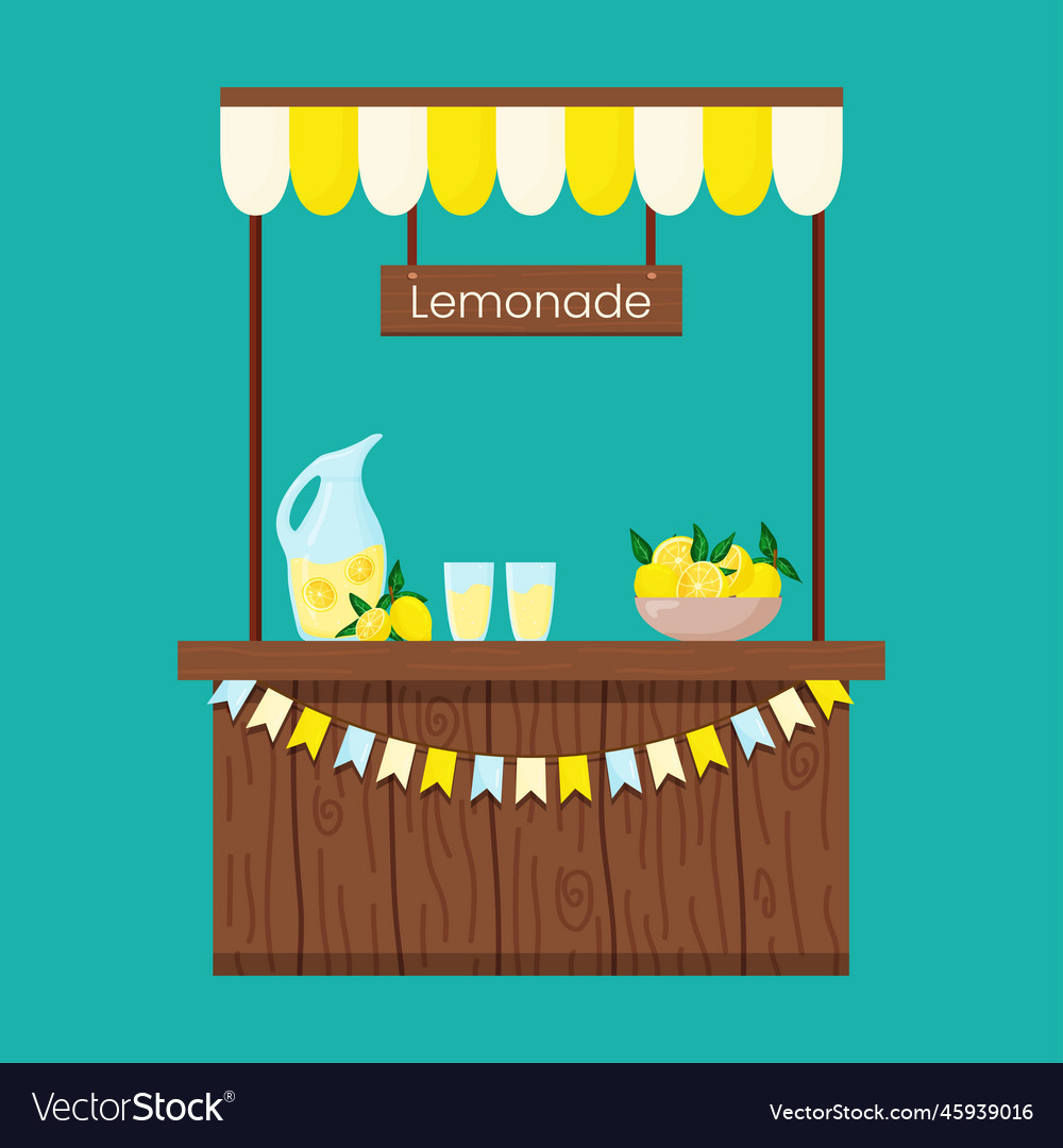 Wooden lemonade stand and lemon juice Royalty Free Vector