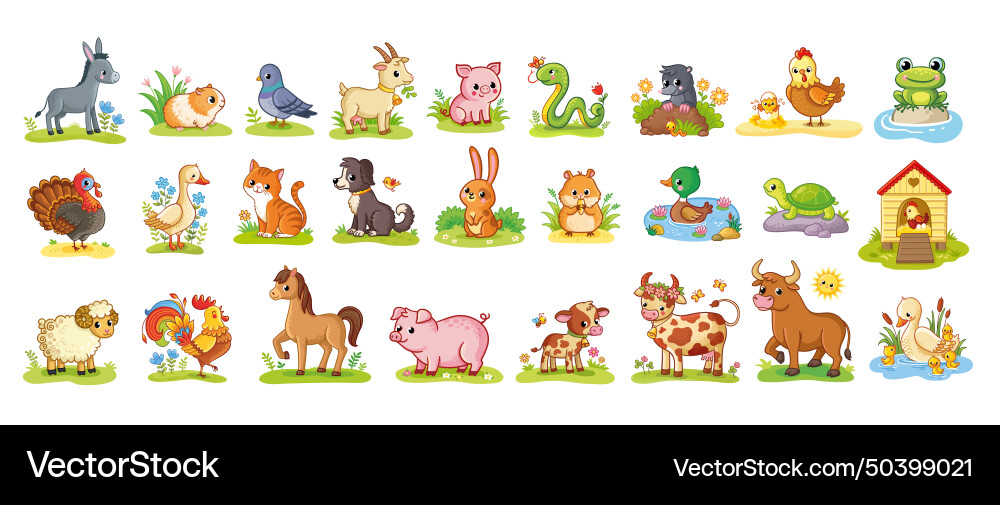 Big set with farm animals and pets Royalty Free Vector Image