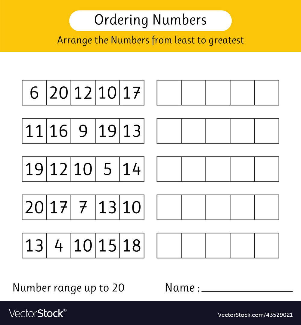 Ordering Numbers Worksheet Arrange The Numbers Vector Image
