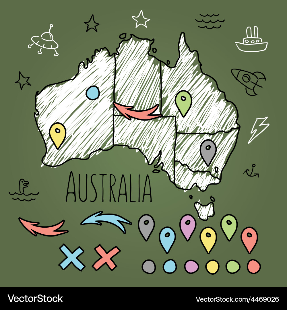 Doodle australia map on green chalkboard with pins