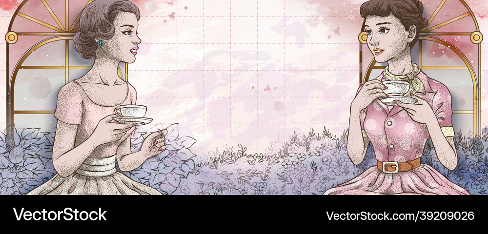 Retro women having tea together Royalty Free Vector Image