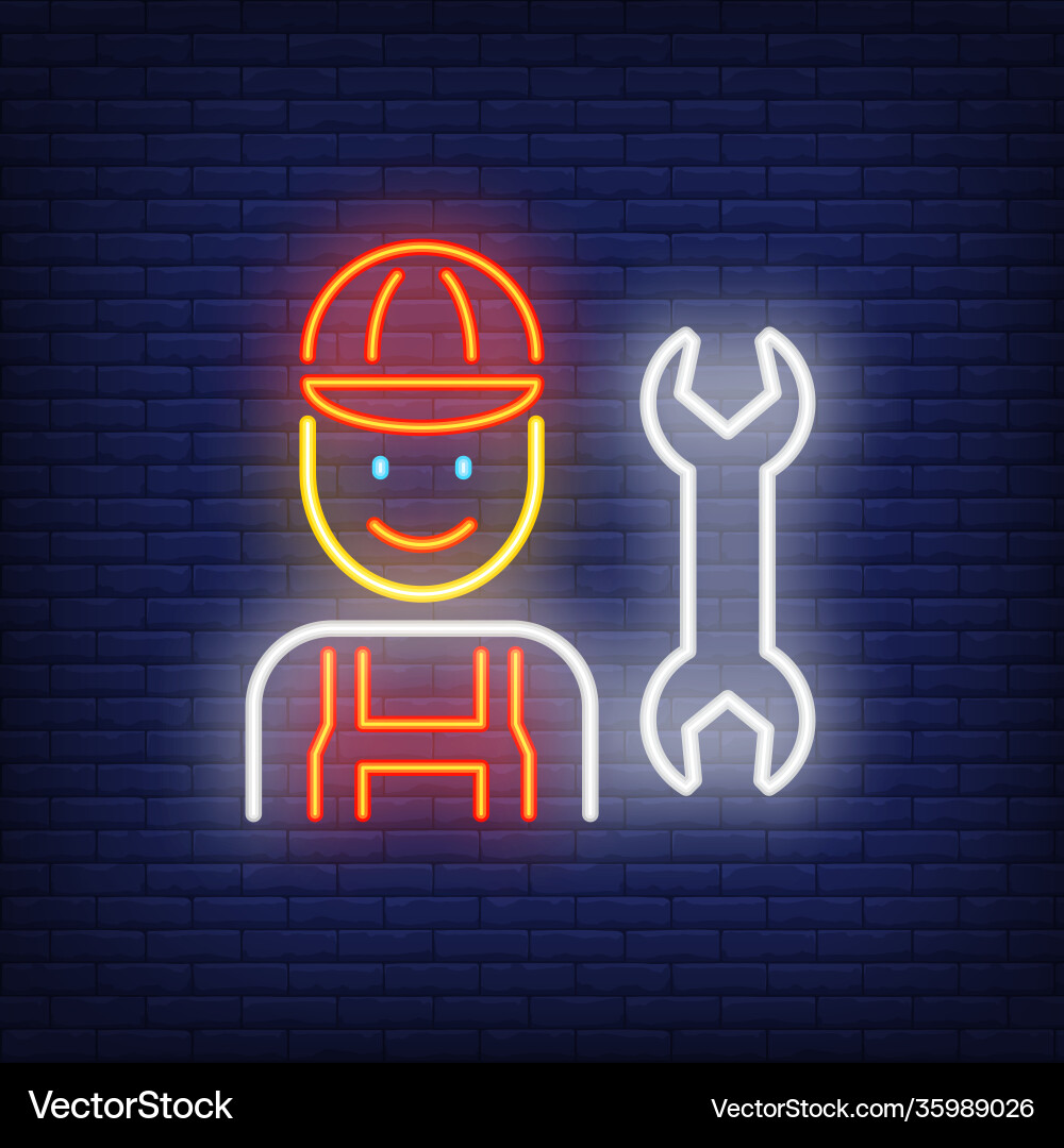 Smiling mechanic neon sign Royalty Free Vector Image