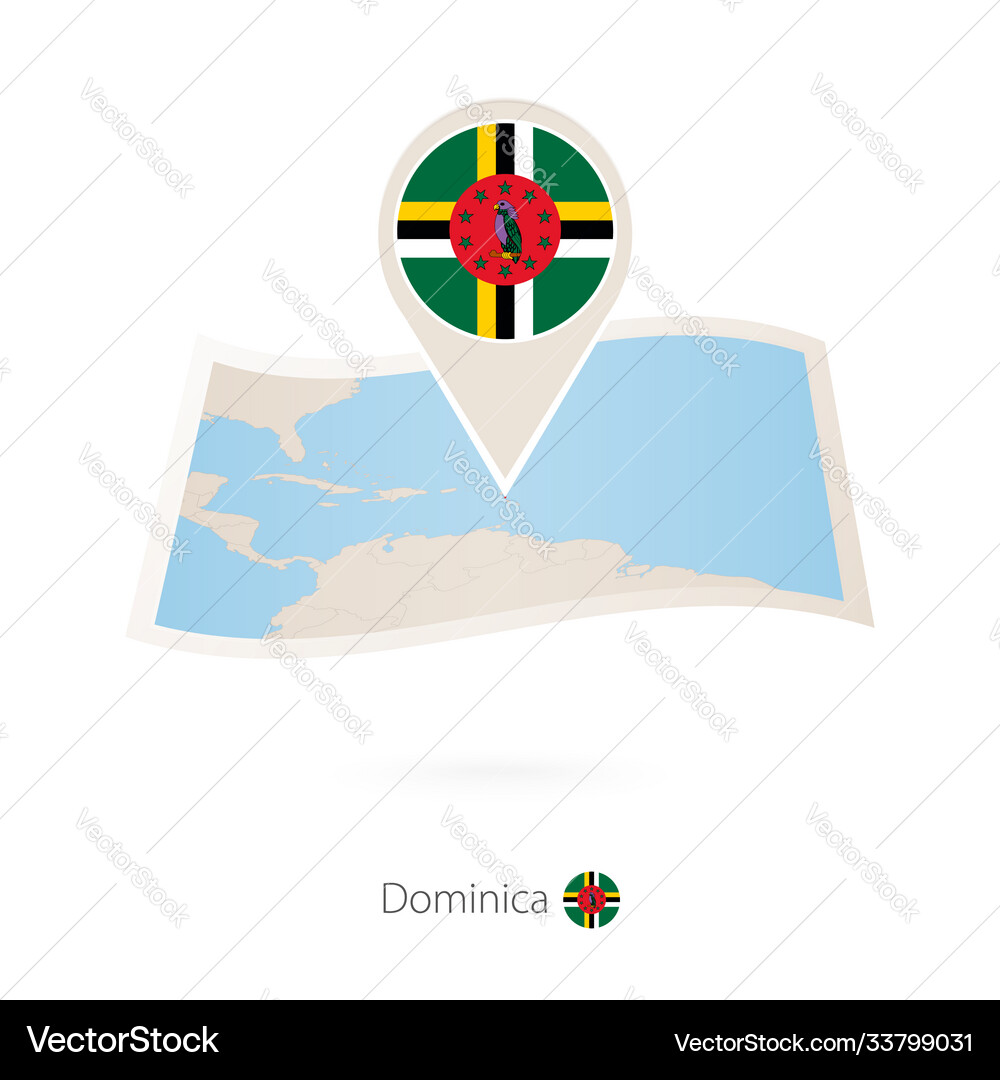 Folded paper map dominica with flag pin Royalty Free Vector