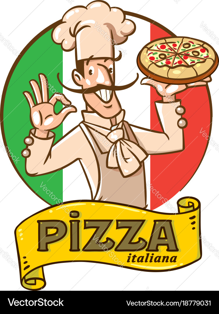 Funny italian chef with pizza emblem design Vector Image