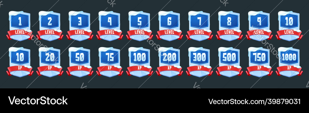 Ice badges with level number and xp for game Vector Image