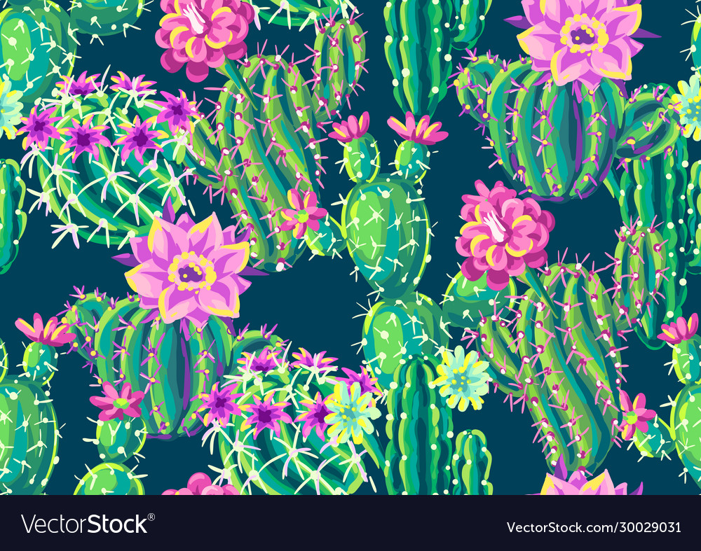 Seamless pattern with cacti and flowers Royalty Free Vector