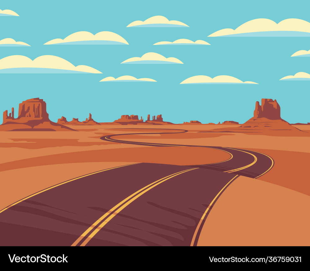 Western desert landscape with empty winding road Vector Image
