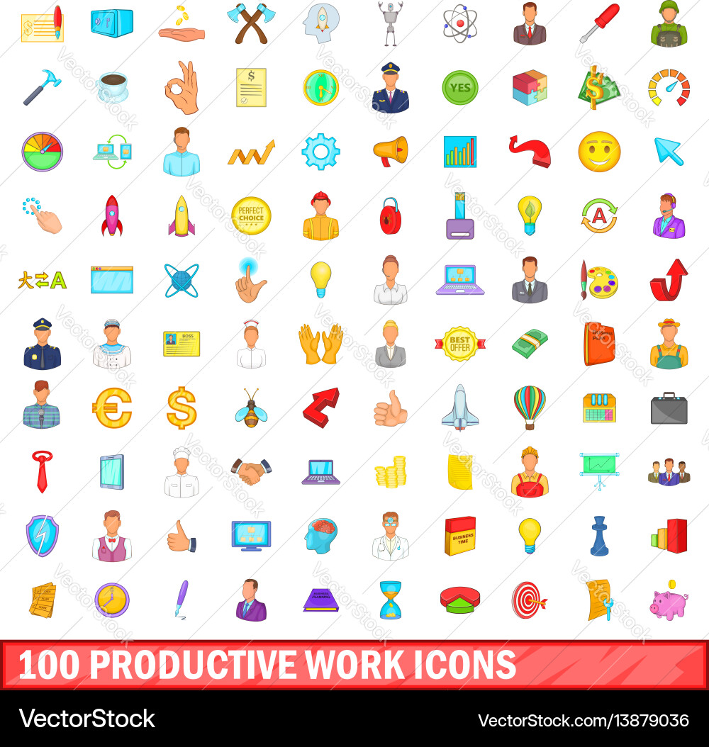 100 productive work icons set cartoon style Vector Image