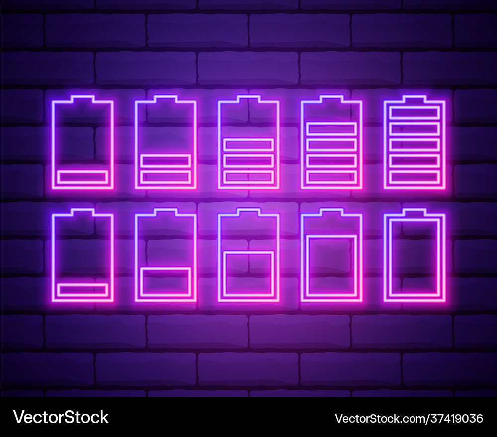 Set battery neon icon charger glowing sign Vector Image