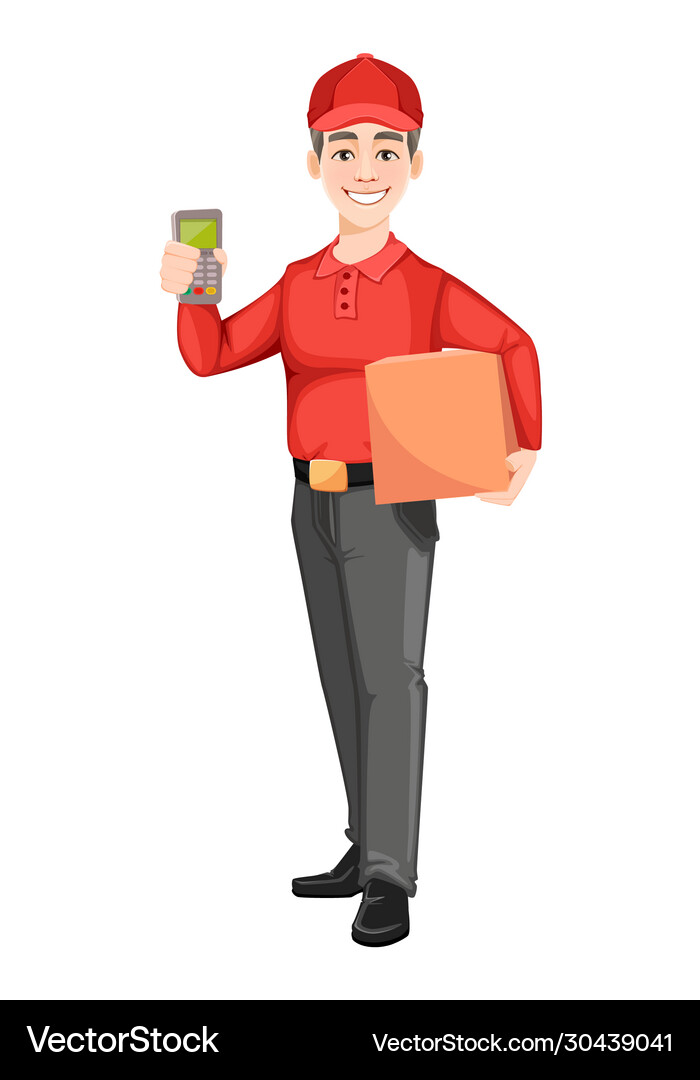 Courier holding carton box and payment terminal Vector Image