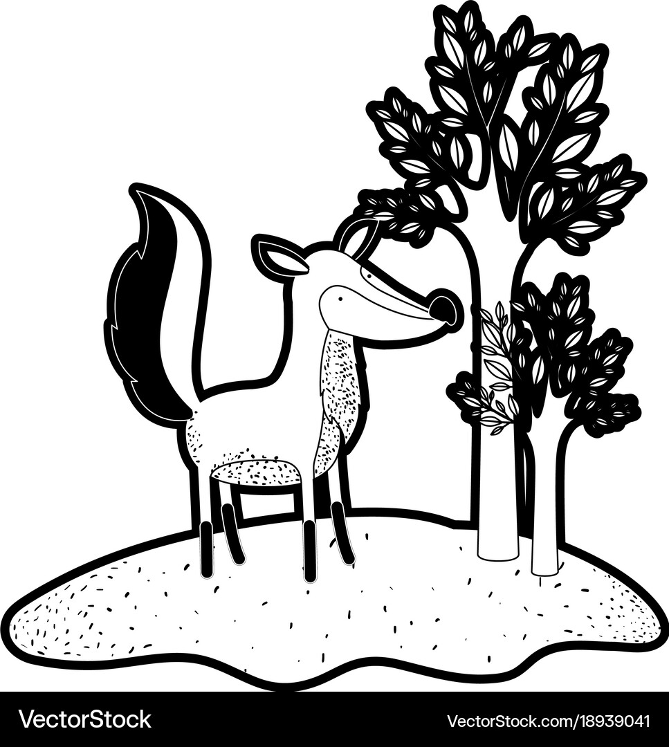 Fox cartoon in forest next to the trees black Vector Image