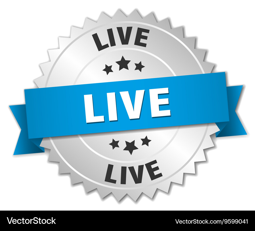Live 3d silver badge with blue ribbon Royalty Free Vector